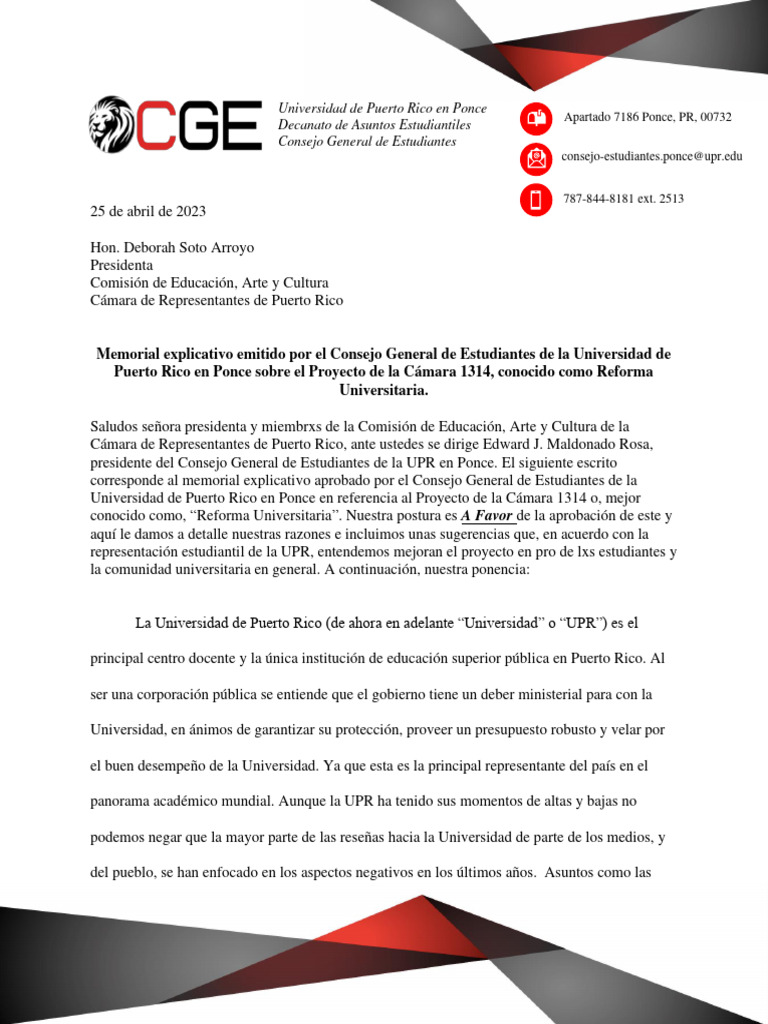 Memorial Explicativo Reforma Universitaria CGE-UPRP | PDF | Puerto Rico ...