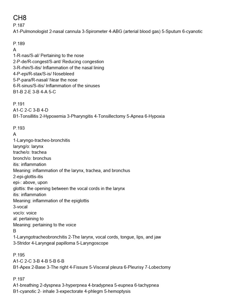Med. Terms. Worksheet CH8-CH11 | PDF | Larynx | Human Nose