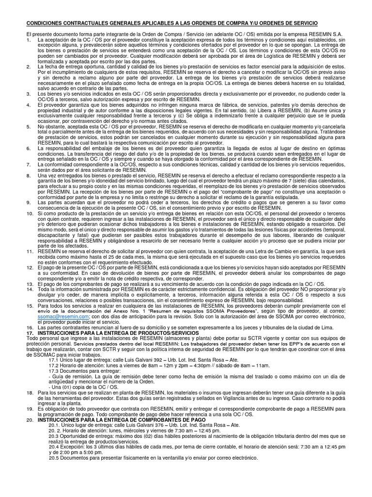 Condiciones Contractuales Aplicables A Las Ordenes RESEMIN | PDF | Pagos | Business