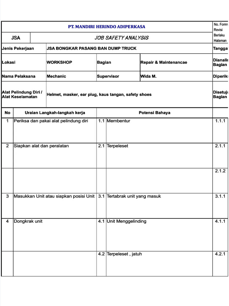 PDF Jsa Bongkar Pasang Ban Dump Truck - Compress | PDF