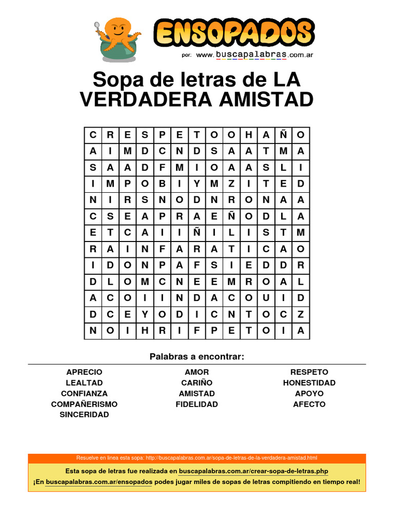 Sopa de Letras de La Verdadera Amistad | PDF