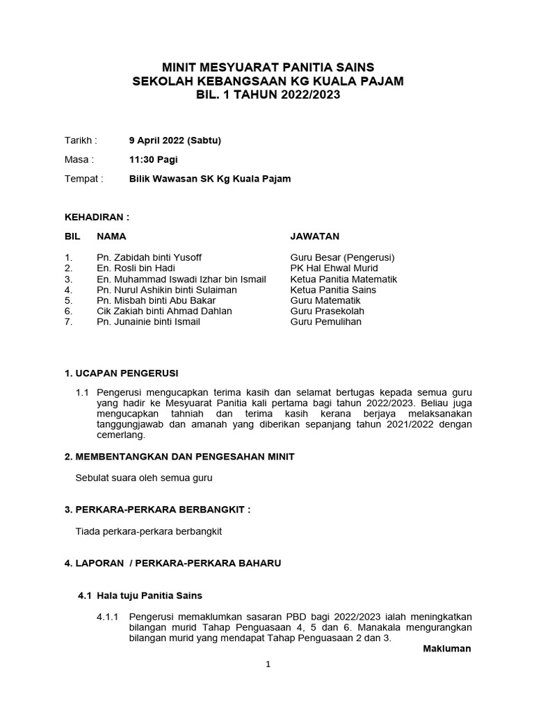 Minit Mesyuarat Panitia Sains Bil 1 2022 | PDF
