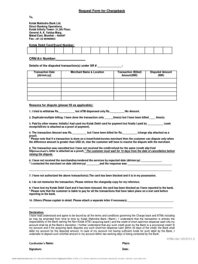 Kotak Chargeback Request Form | PDF | Credit Card | Debit Card