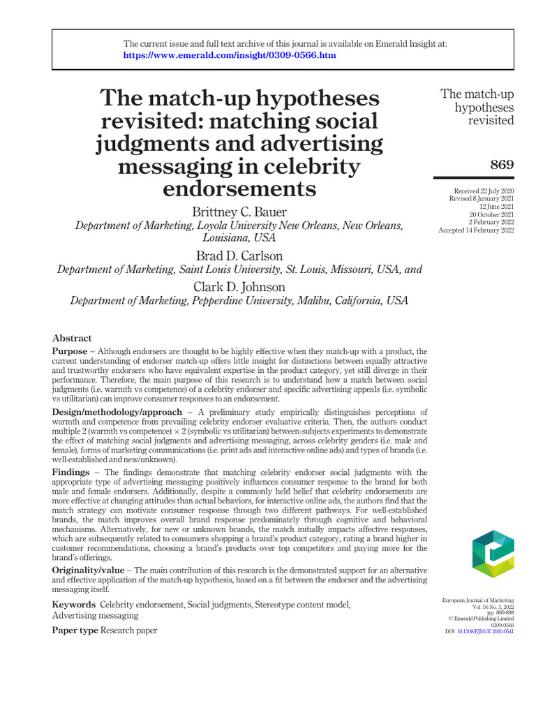 The Match-Up Hypotheses Revisi | PDF | Brand | Affect (Psychology)