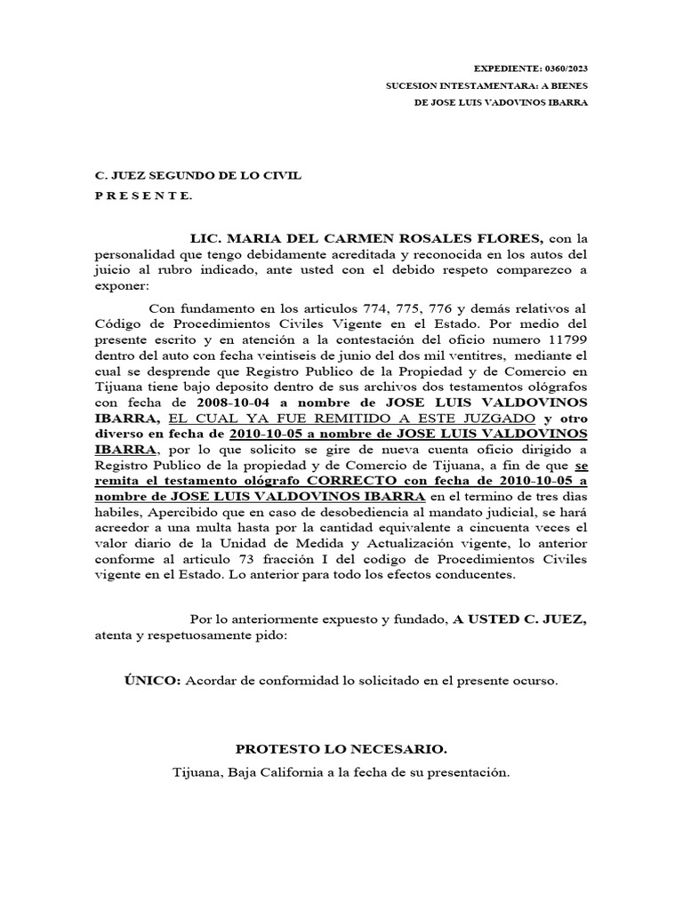 Remitir Testamento y Multa Valdovinos 2024 | PDF