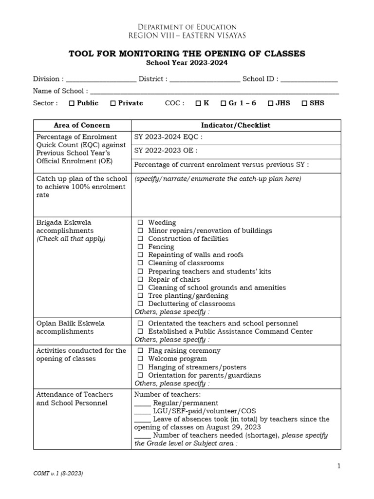 Comt Opening Class Tool | PDF | Classroom | Teachers