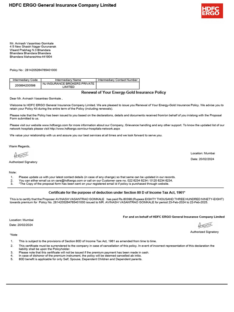 Renewal of Your Energy-Gold Insurance Policy | PDF | Deductible | Insurance