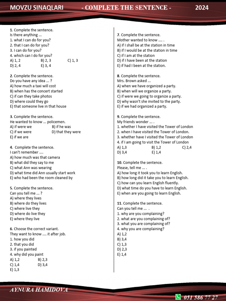 Movzu Sinaqlari 2024 - Complete The Sentence | PDF
