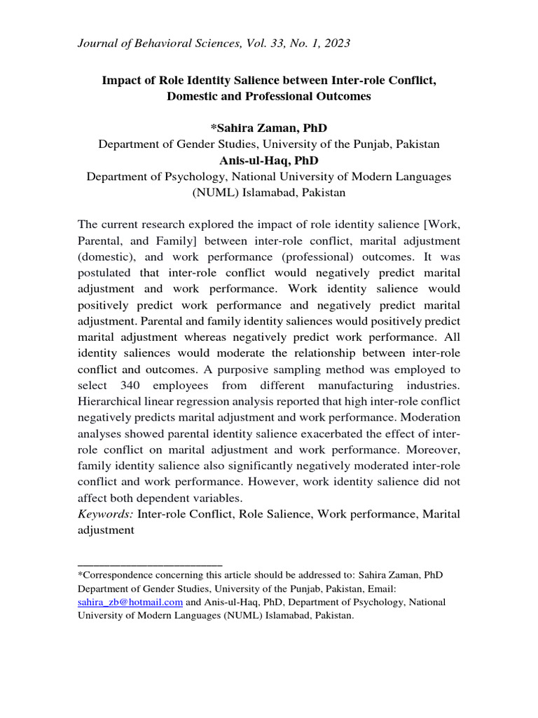 Impact of Role Identity Salience Between Inter-Role Conflict, Domestic ...