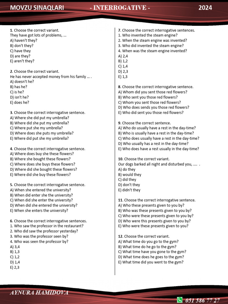 Movzu Sinaqlari 2024 - Interrogative | PDF