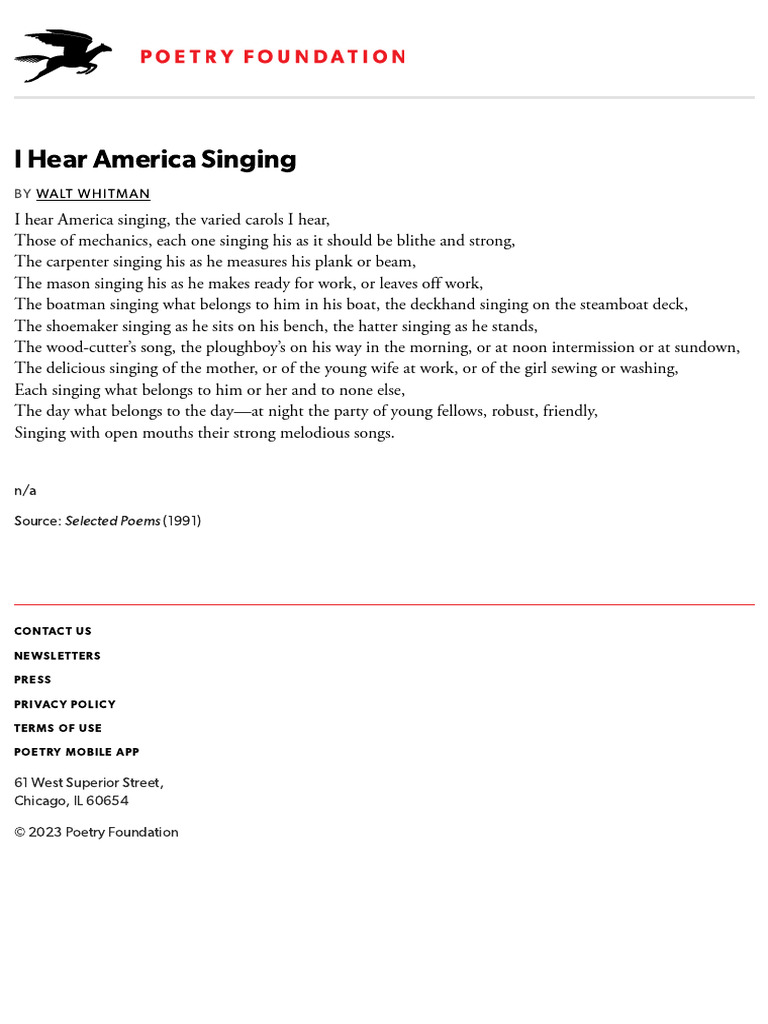 I Hear America Singing by Walt Whitman - Poetry Foundation | PDF