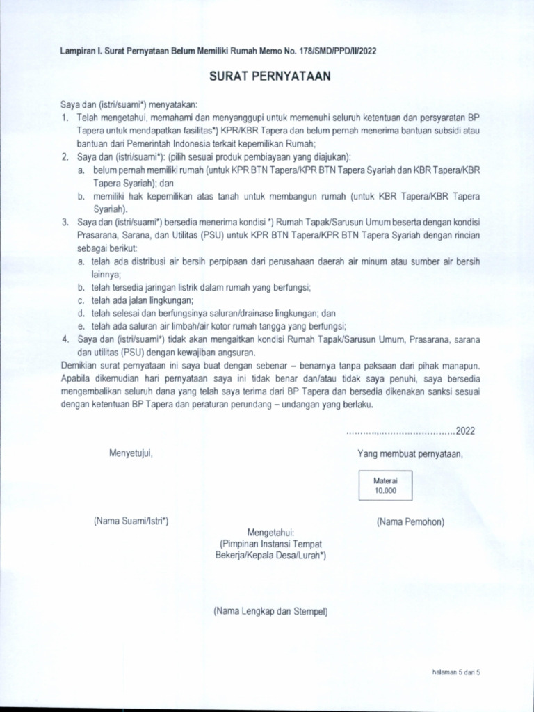 Surat Pernyataan Tapera | PDF