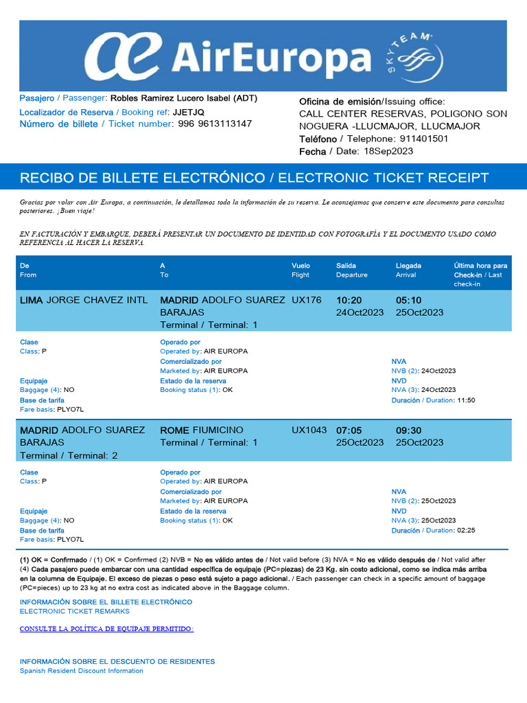 Reserva de Vuelo Air Europa: Detalles y Pago | PDF