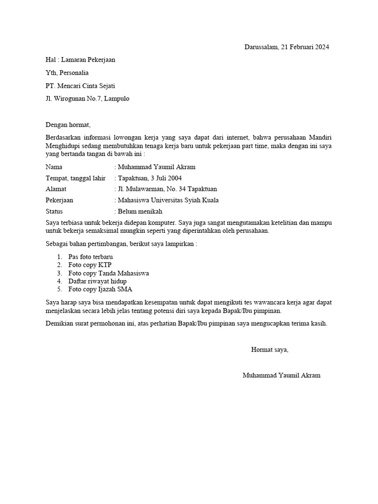 Contoh Surat Lamaran Kerja Part Time | PDF