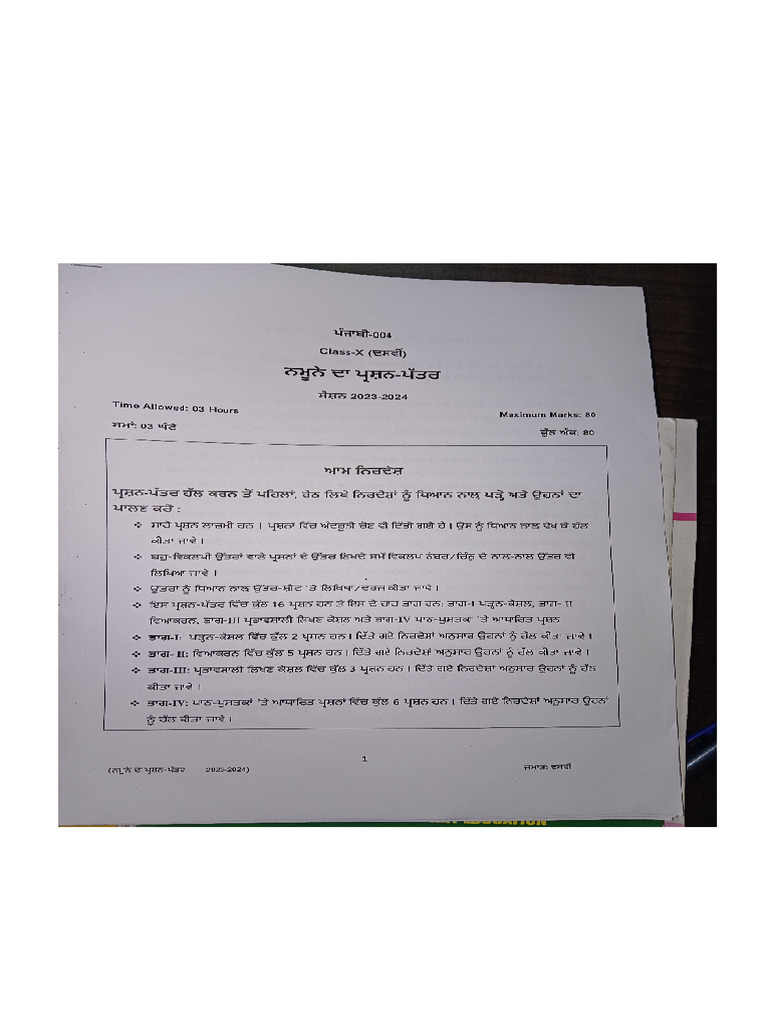 Exam Pattern (Class 10th Punjabi) | PDF