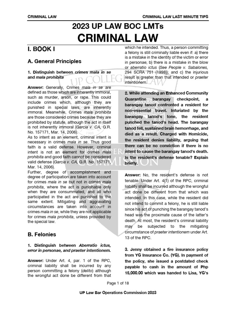 UP Law BOC Criminal Law Tips 2023 | PDF | Criminal Law | Crimes