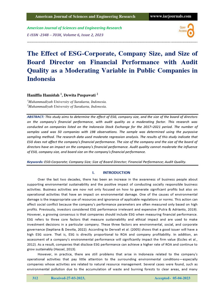 The Effect of ESG-Corporate, Company Size, and Size of Board Director On Financial Performance ...