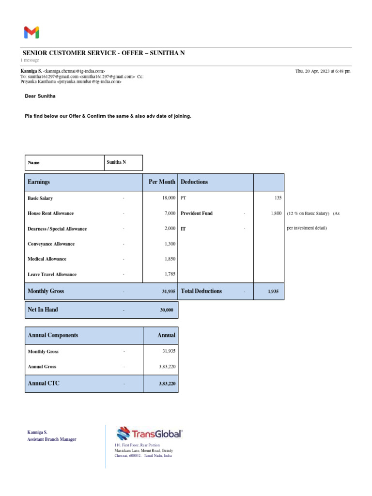Offer Letter Transglobal | PDF | Service Industries