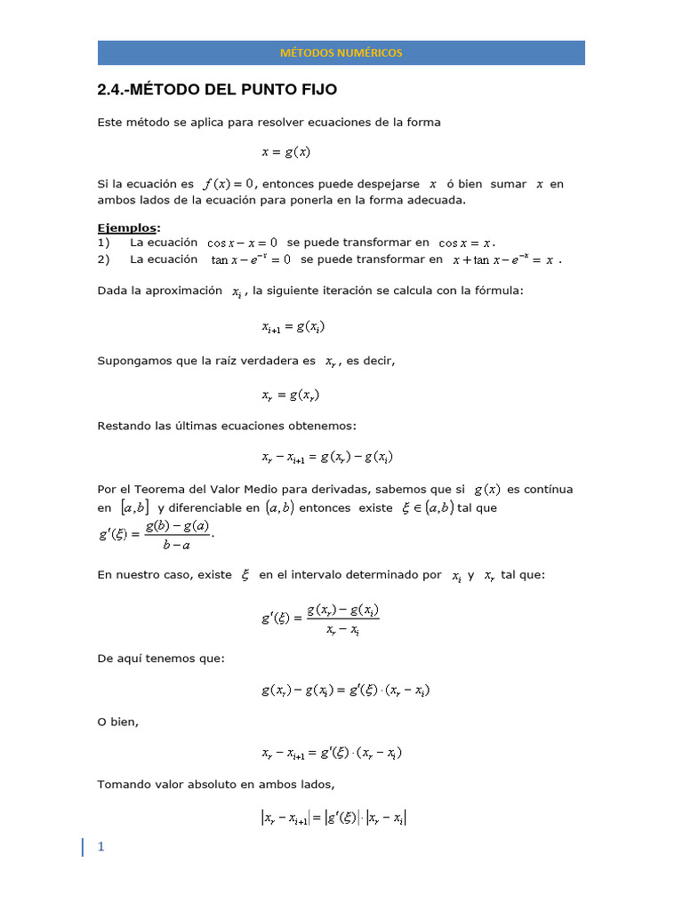 2.4 MÉTODO DEL PUNTO FIJO | PDF | Análisis numérico | Ecuaciones