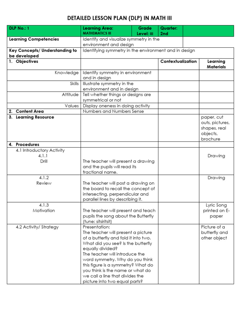 Detailed Lesson Plan DLP in Math Iii Edralin | PDF | Symmetry | Learning
