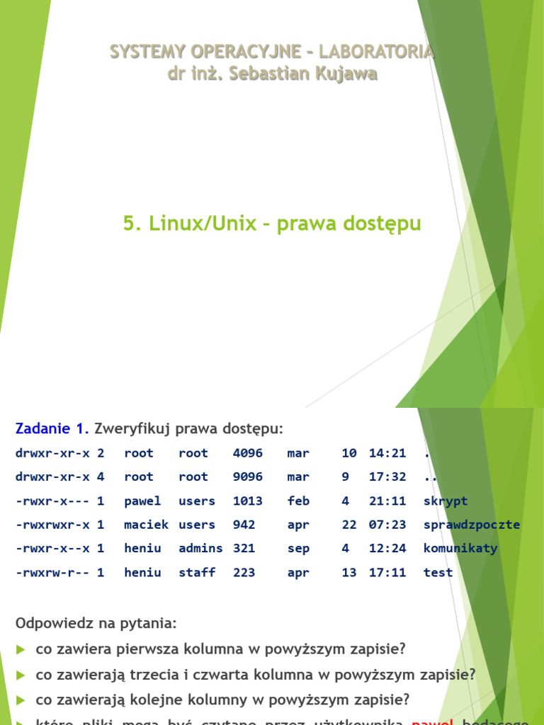 Linux/Unix - Prawa Dostępu: Systemy Operacyjne - Laboratoria DR Inż ...