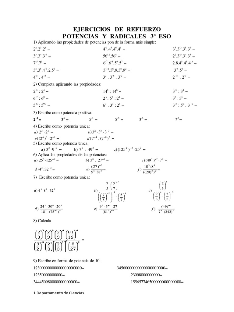 Ejercicios de Refuerzo Potencias y Radicales 3eso | PDF | Ajedrez