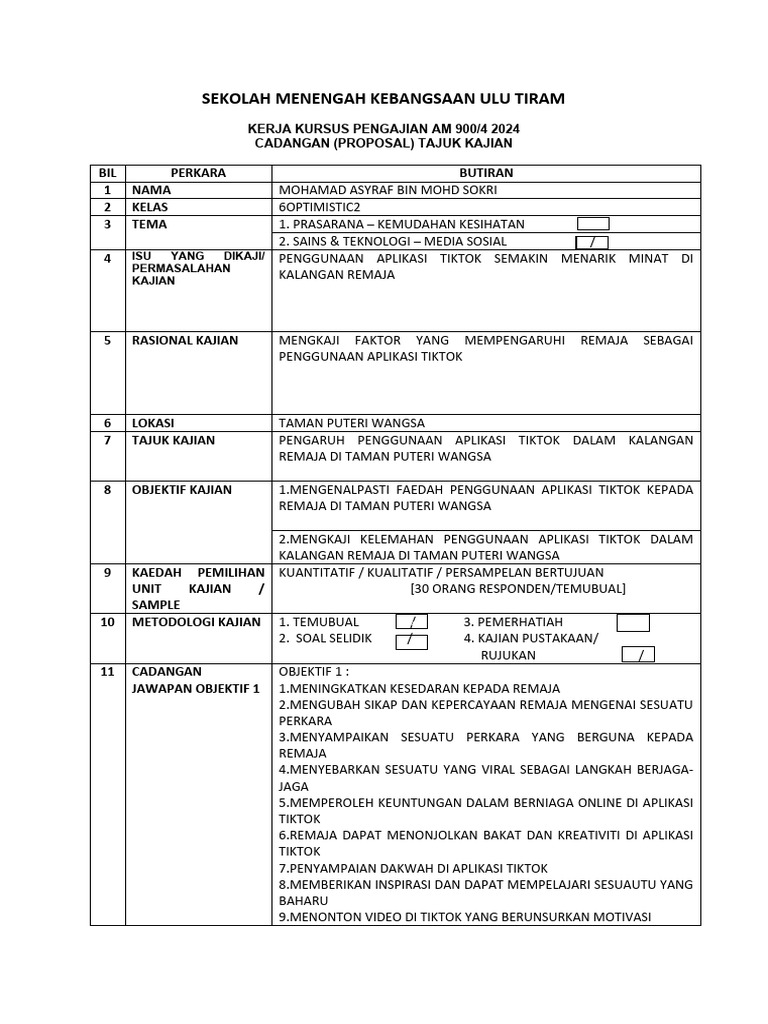 Borang Proposal Tajuk KK 2023 | PDF