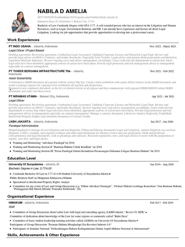 Nabila Dinda Amelia - CV New | PDF | Paralegal | Justice