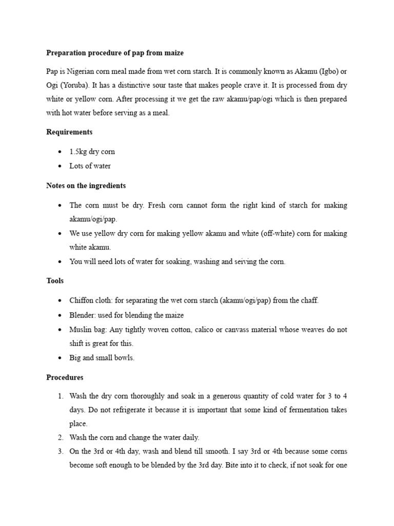 Preparation Process of Pap From Maize | PDF | Maize | Food And Drink