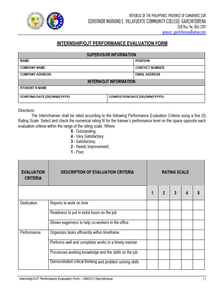 Internship Performance Evaluation Form | PDF | Performance Appraisal ...