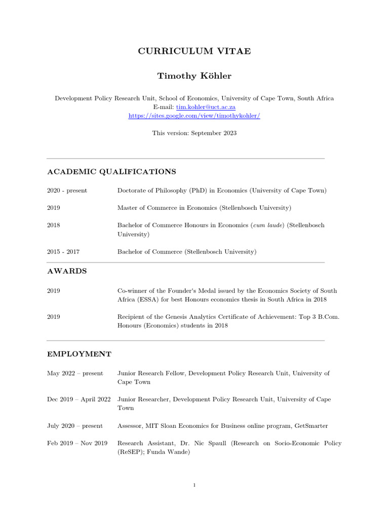 Timothy Kohler CV | PDF | Labour Economics | Employment