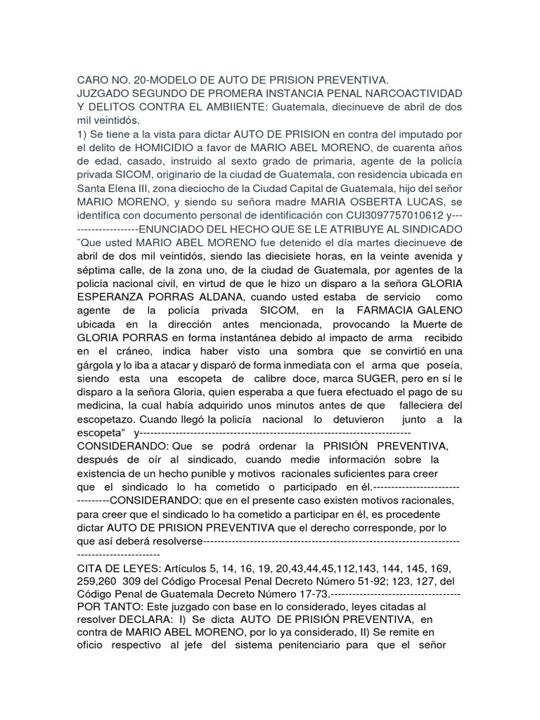 Modelo de Auto de Prision Preventiva. | PDF | Prisión | Policía