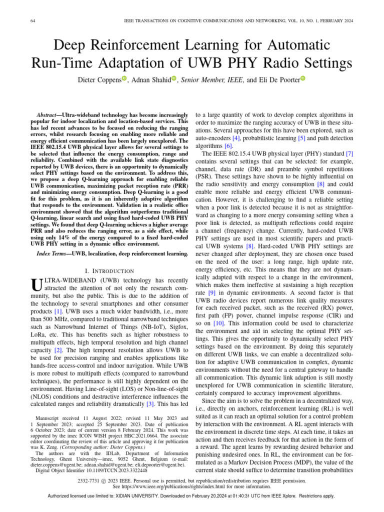 Deep Reinforcement Learning For Automatic Run-Time Adaptation of UWB PHY Radio Settings | PDF ...