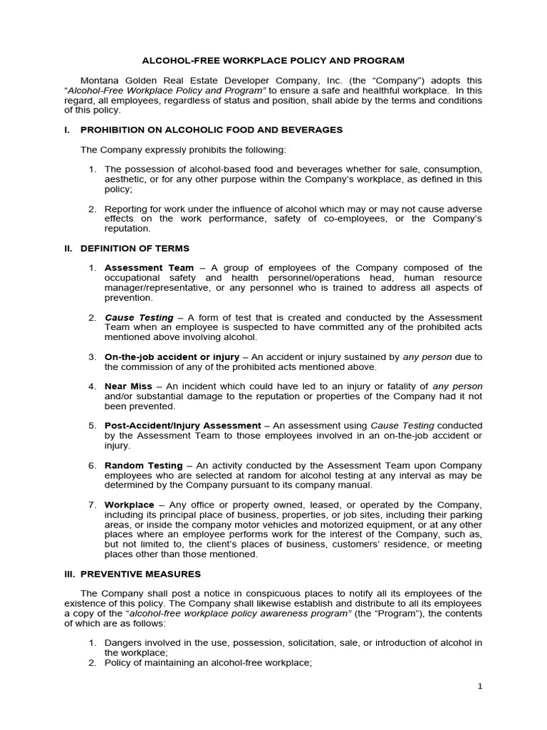 Alcohol Free Workplace Policy Program | PDF | Employment | Safety