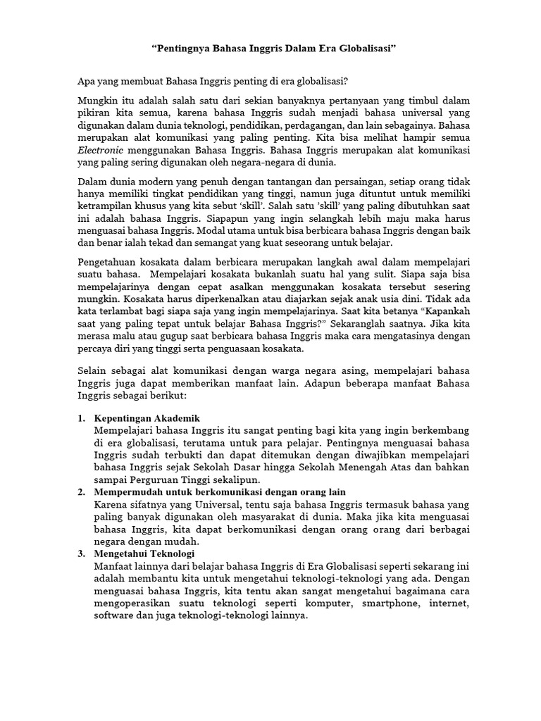 Pidato 3 Bahasa Pentingnya Bahasa Inggris Dalam Era Globalisasi | PDF