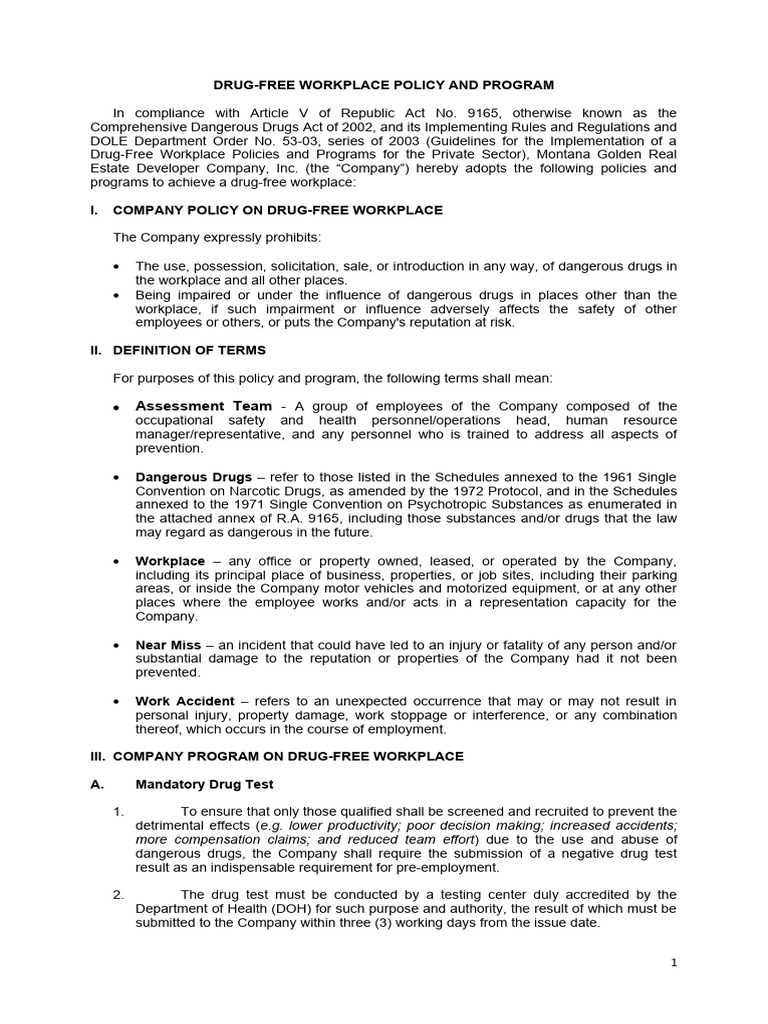 DRUG FREE Workplace Policy Program | PDF | Employment | Drug Test