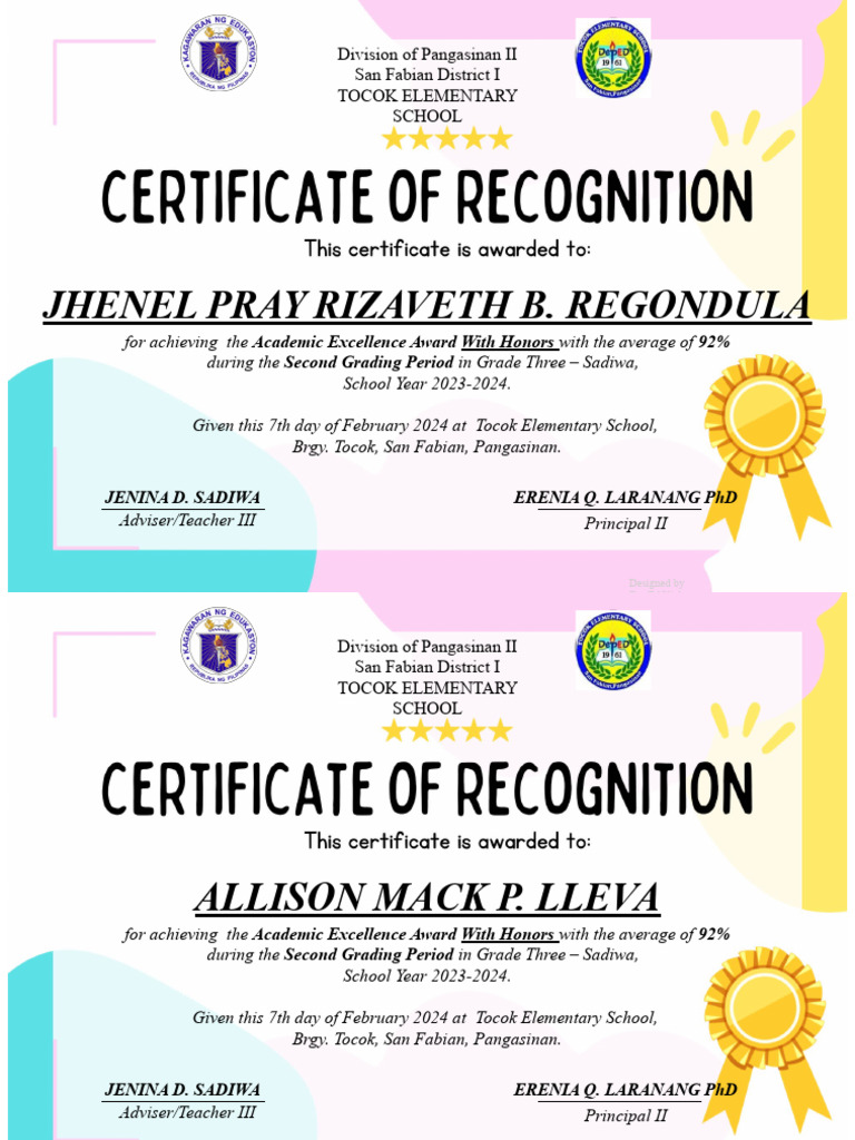 Award Certificates SY 2022 2023 2nd Q | PDF
