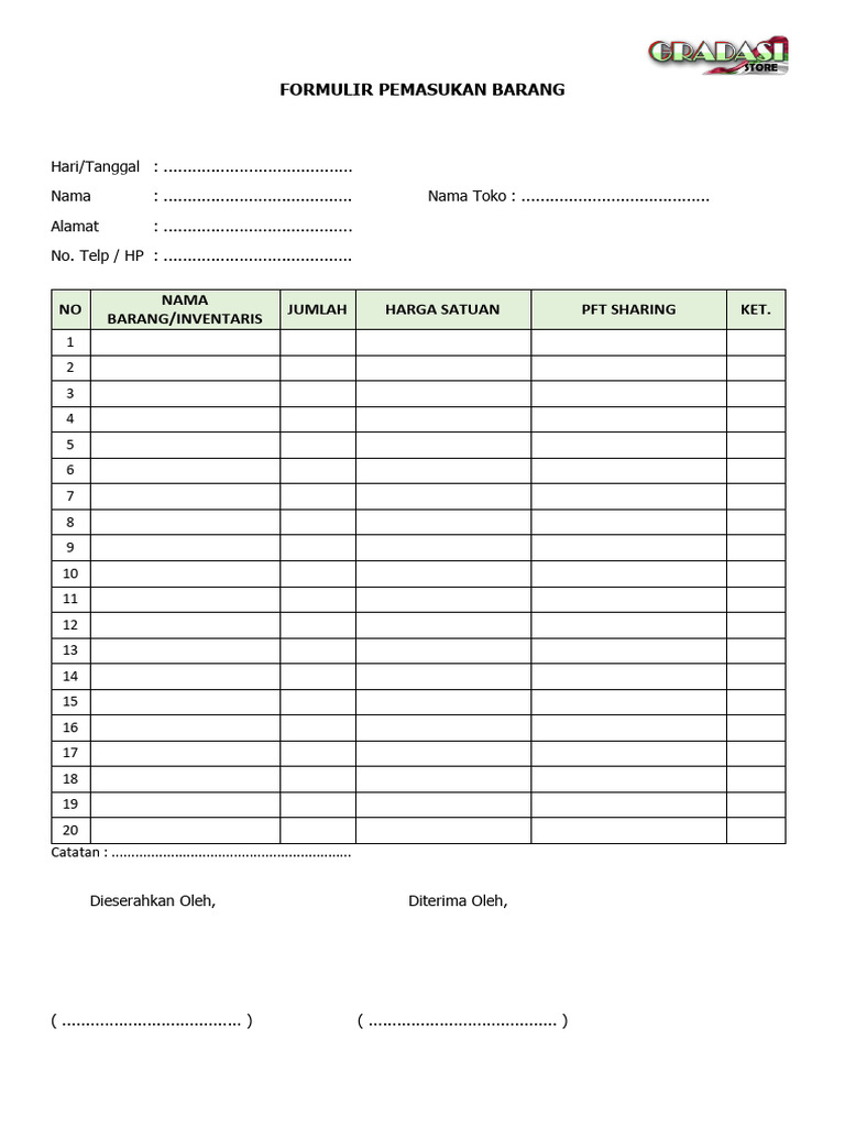 Formulir Pemasukan Barang Toko | PDF | Bisnis | Pengelolaan Keuangan & Uang