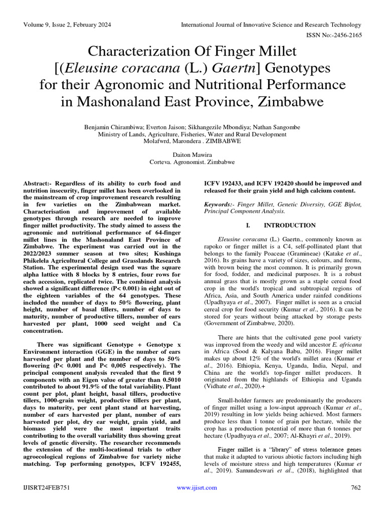 Characterization of Finger Millet ( (Eleusine Coracana (L.) Gaertn) Genotypes For Their ...