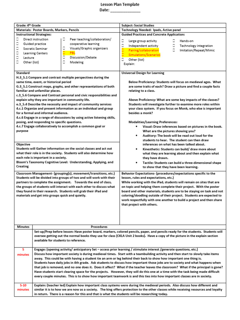 Social Studies Project Based Learning Lesson Plan | PDF | Lesson Plan ...