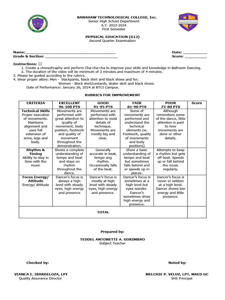 2nd Quarter Performance Examination | PDF | Dances | Rubric (Academic)