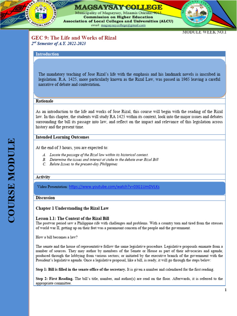 Rizal Module 1 | PDF | Bill (Law) | Government