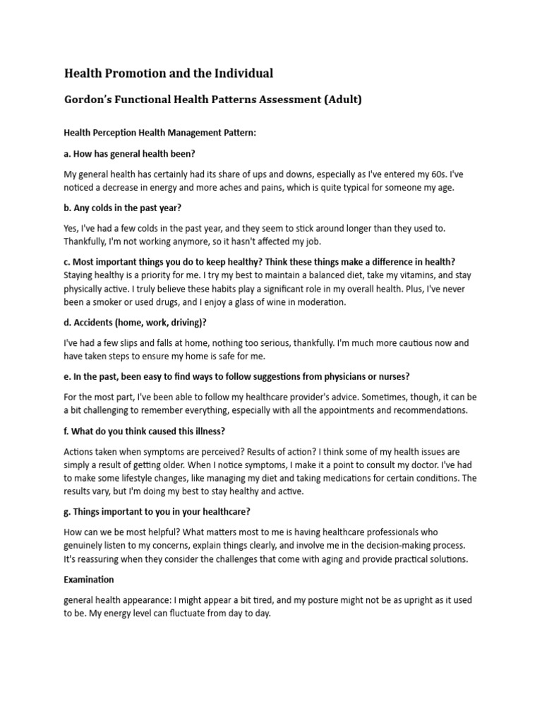 Gordon's Functional Health Patterns Assessment (Adult) | Download Free ...