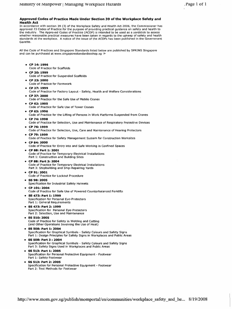 Approved Codes of Practice in Singapore | PDF | Occupational Safety And ...