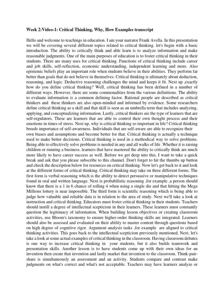 Week 2 Video1 CT Transcript | PDF | Critical Thinking | Thought