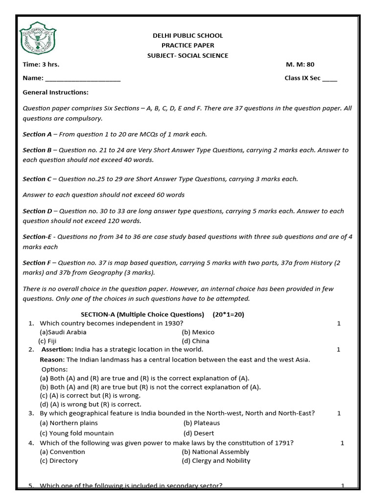 Class 9 Social Science Practice Paper | PDF | Communist Party Of The ...