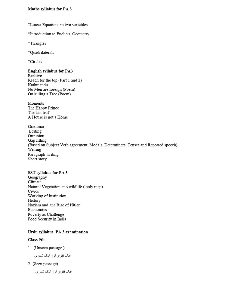 PA 3 Syllabus Class-IX | PDF