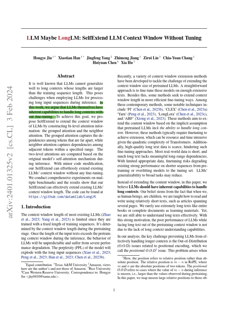 Extend LLM Context Without Tuning | PDF | Attention | Cognitive Science