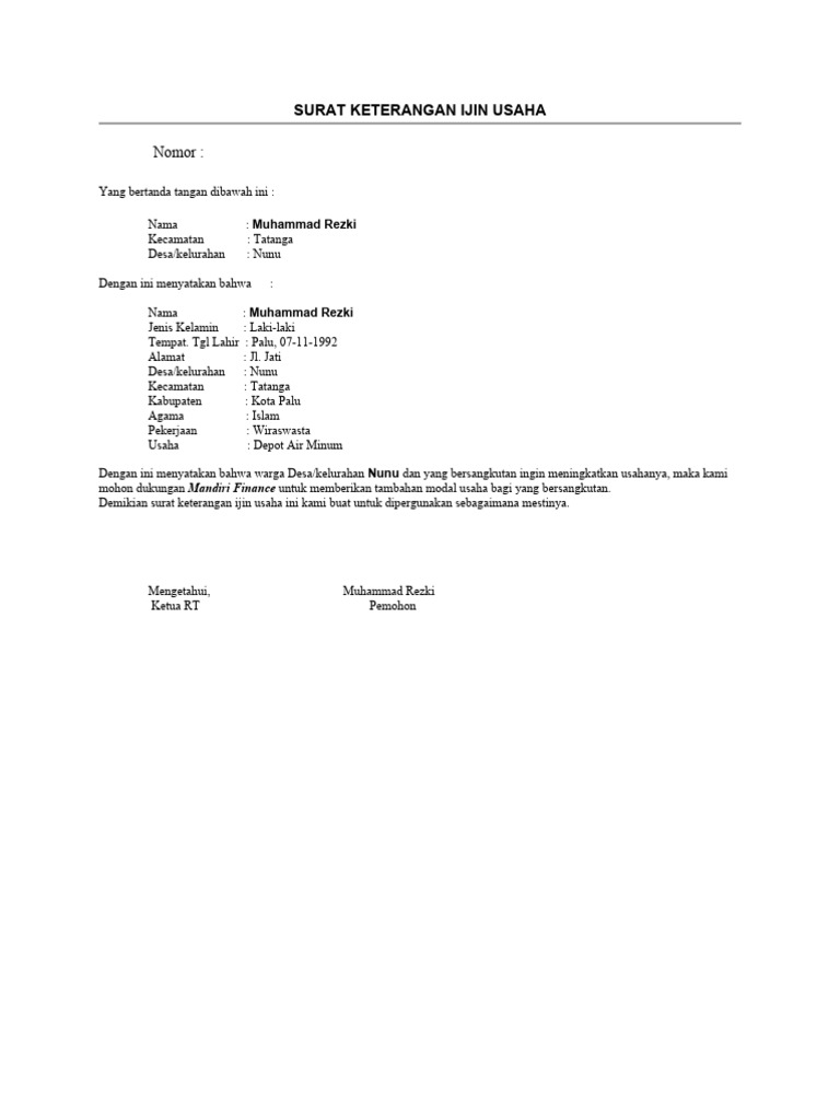 Surat Keterangan Ijin Usaha | PDF