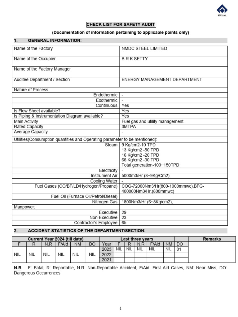 Safety Audit Checklist for NMDC Steel | PDF | Pipeline Transport ...